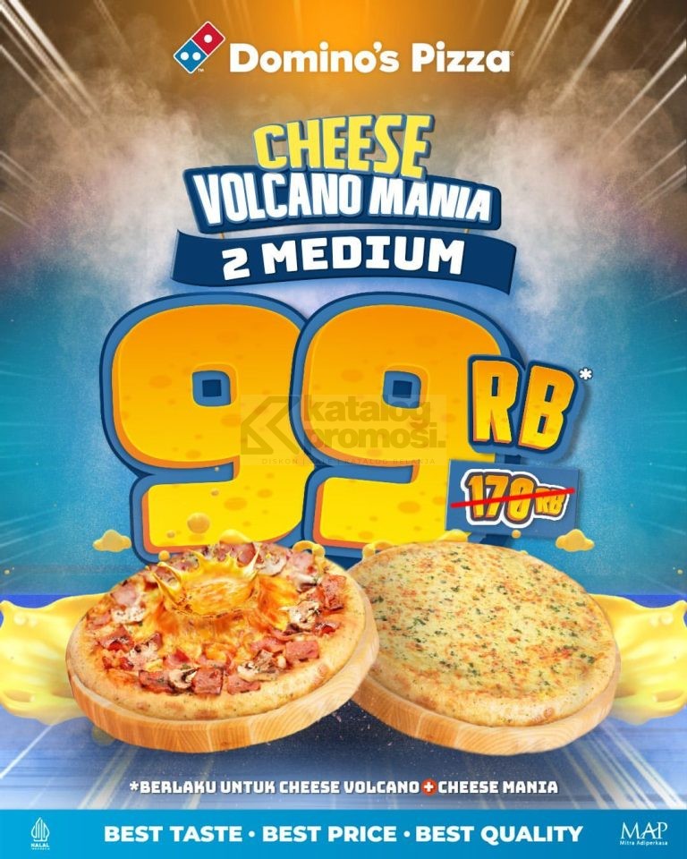 Promo DOMINOS PIZZA CHEESE VOLCANO MANIA! 2 Medium Pizza HANYA Rp. 99RB
