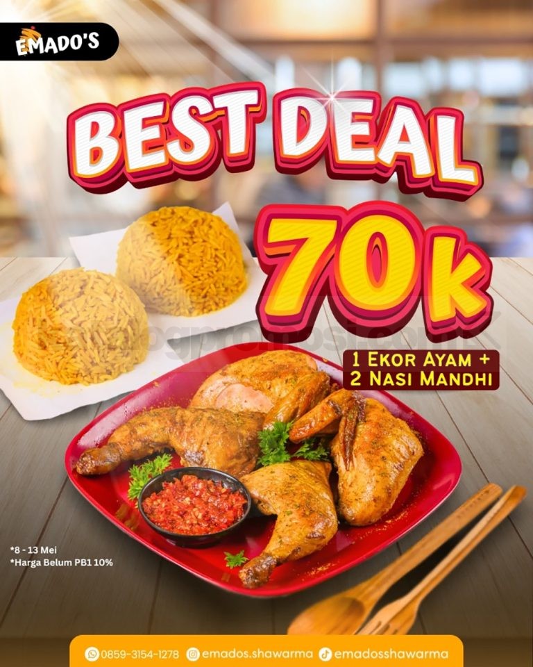 Promo Emado’s Best Deal – 1 Ekor Ayam + 2 Nasi Mandhi Cuma Rp70.000 • SoPasti.Com
