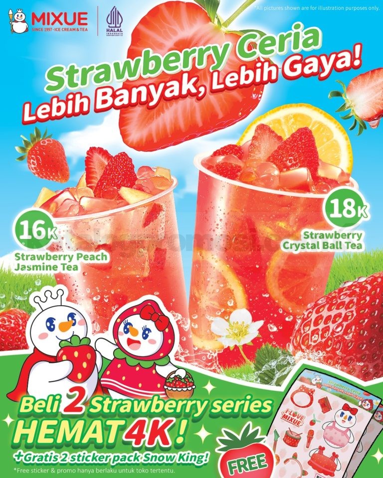 Promo Mixue Strawberry Ceria Beli 2 Hemat Rp4.000 + Stiker Lucu