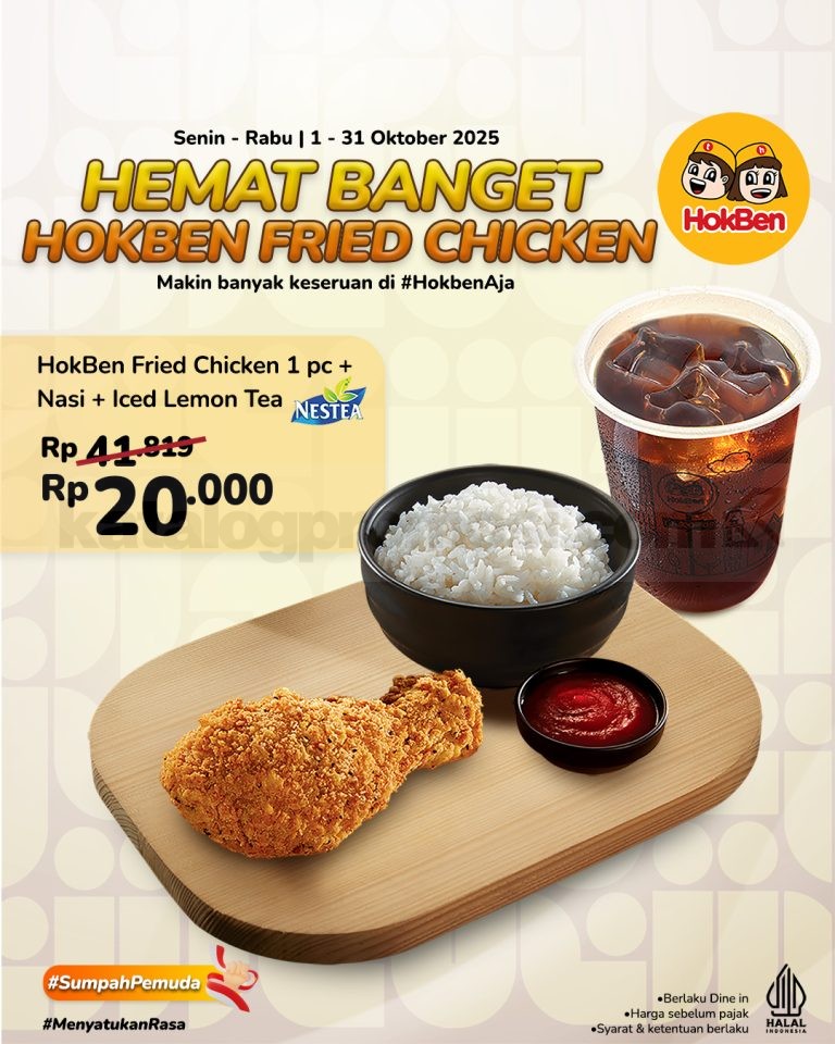 Promo HokBen Super Hemat Fried Chicken + Nasi + Lemon Tea cuma Rp20ribu