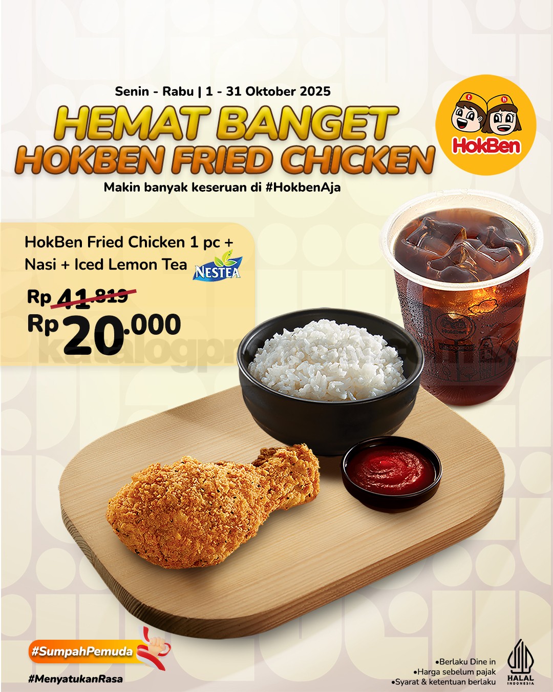 Promo HokBen Super Hemat Fried Chicken + Nasi + Lemon Tea cuma Rp20ribu