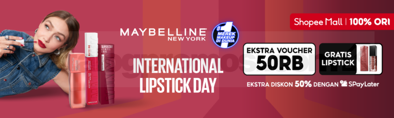 Promo Maybelline di Shopee Mall Ekstra Voucher 50K + GRATIS LIPSTICK!