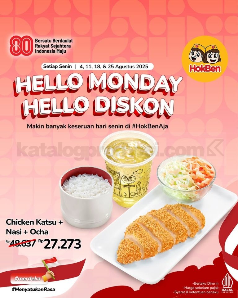 Promo Hokben Hello Monday, Hello Diskon! Chicken Katsu + Nasi + Ocha cuma Rp27.273