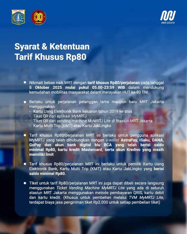 Promo MRT Jakarta HUT TNI Ke-80 Tarif Spesial Rp80