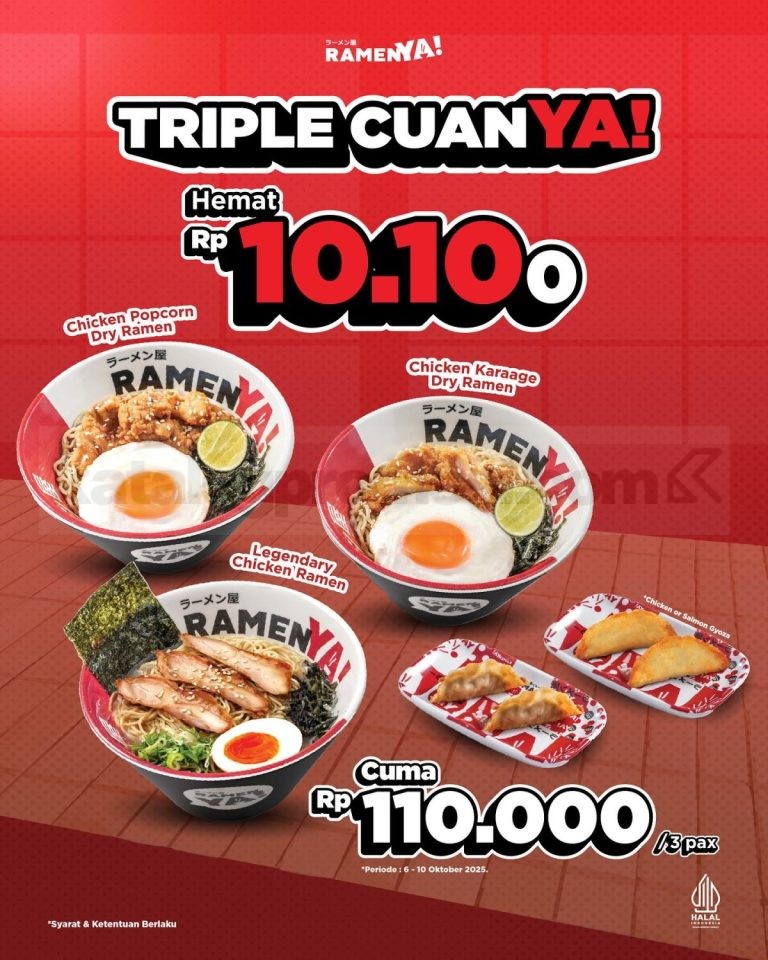 Promo RamenYA 10.10 Triple CuanYA 3 Ramen + 2 Gyoza Hanya Rp. 110.000