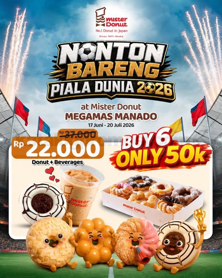 Promo Mister Donut Nobar Piala Dunia 1/2 Dozen Rp. 50.000
